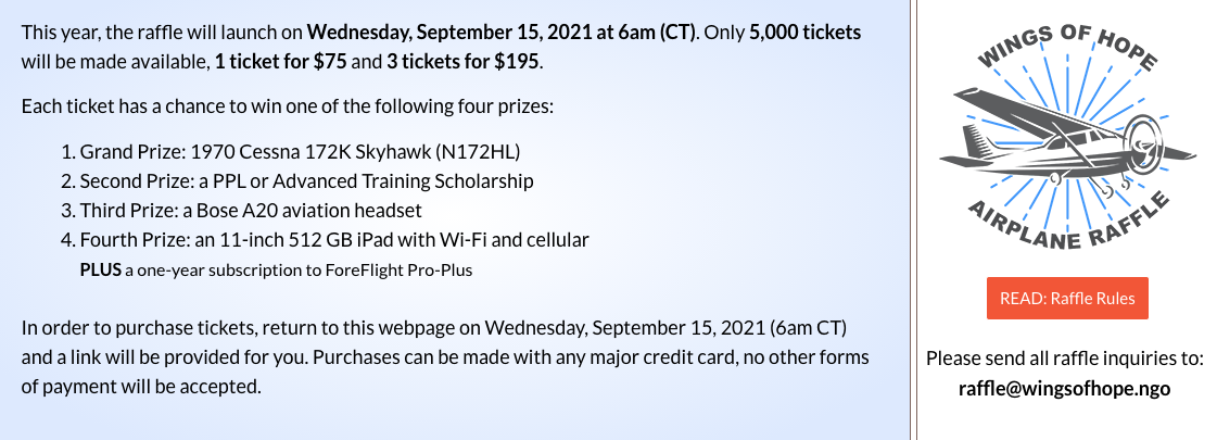 Enter the Wings of Hope Airplane Raffle for Chance to Win a Cessna 172K ...